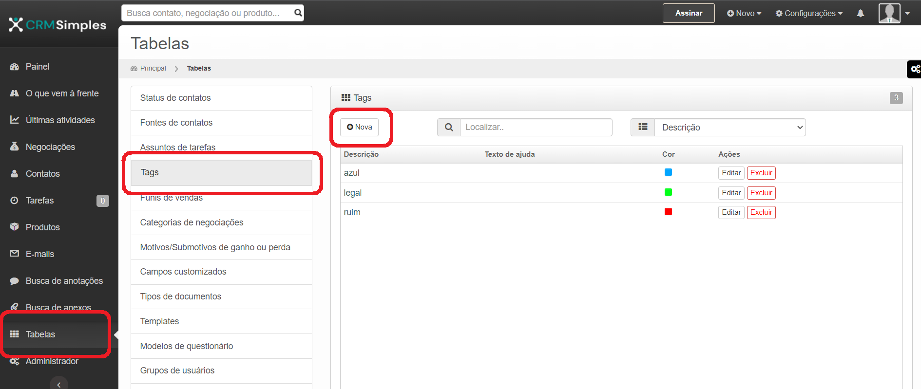 Tabela de TAGS - CRM Simples